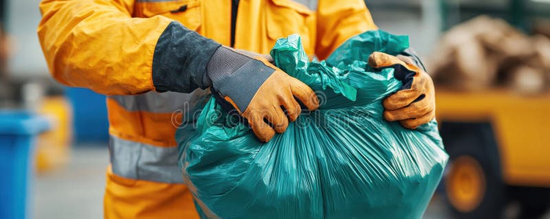 Hands in Safety Gear Handling Garbage Bags, Emphasizing Tools and Waste ...