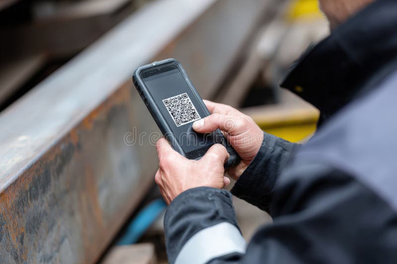 Hands Scanning QR Code on Metal Tag Using a Mobile Device in a Workshop ...