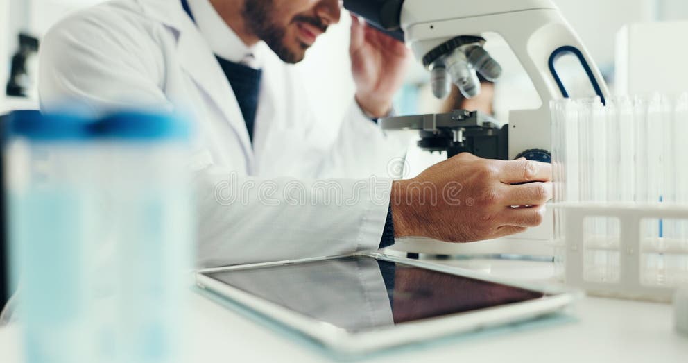 Hands, Science and Man with Microscope in Laboratory for Sample Study ...