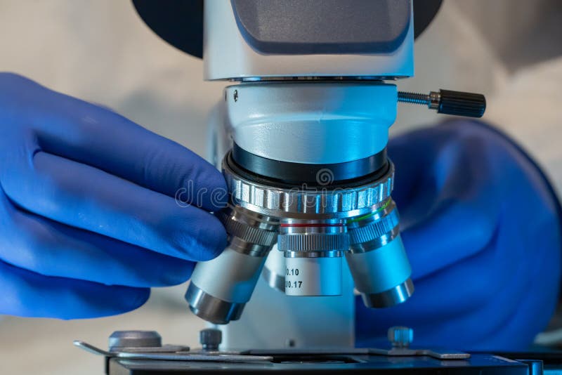 Hands of Scientist Adjusting Microscope in Laboratory. Research and ...