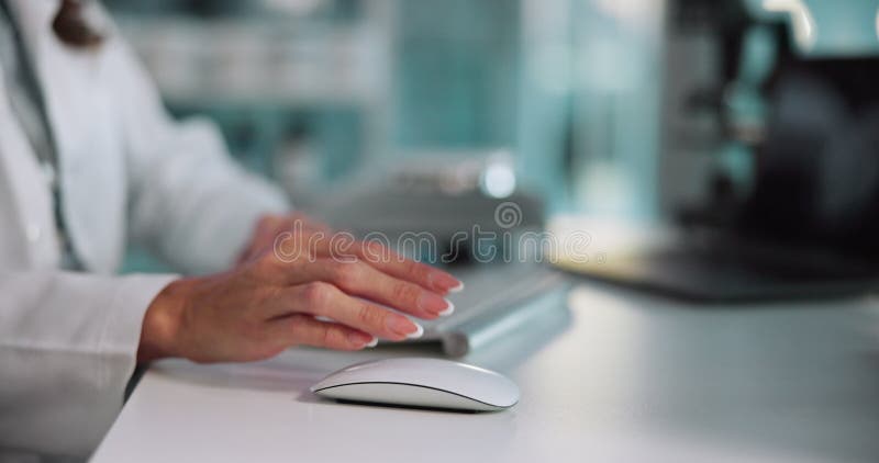 Hands, Scientist or Woman Typing on Computer in Lab for Science ...