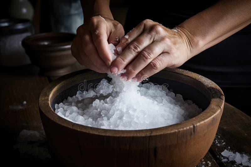 Hands Scooping Rock Salt from a Wooden Bowl in a Kitchen Stock ...