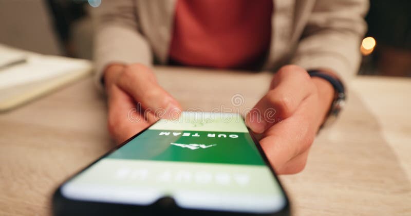 Hands, Screen and Smartphone on Table for Scrolling, Browsing and ...