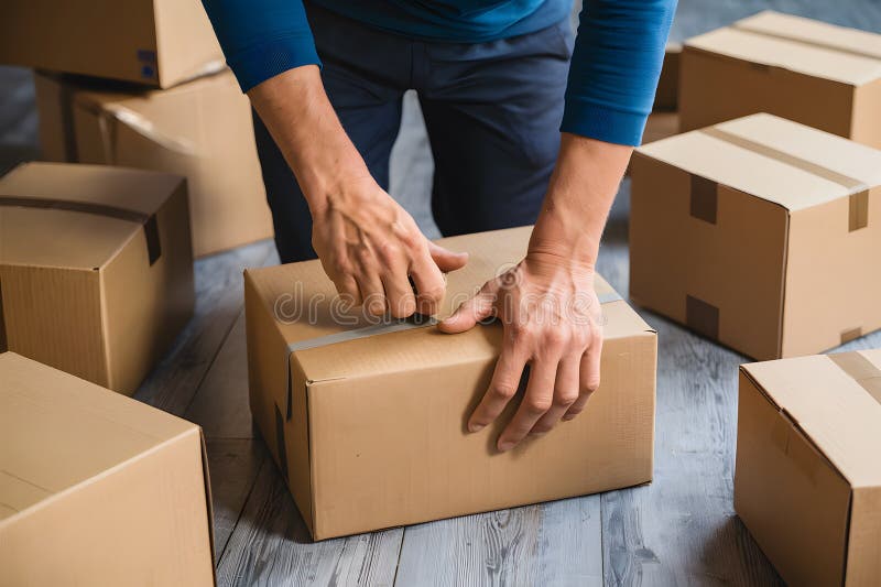 Hands Sealing Cardboard Box on Wooden Floor, Packaging Process Stock Illustration - Illustration ...