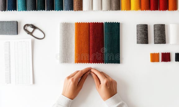 Hands Select Upholstery Fabrics from a Colorful Array of Textile ...