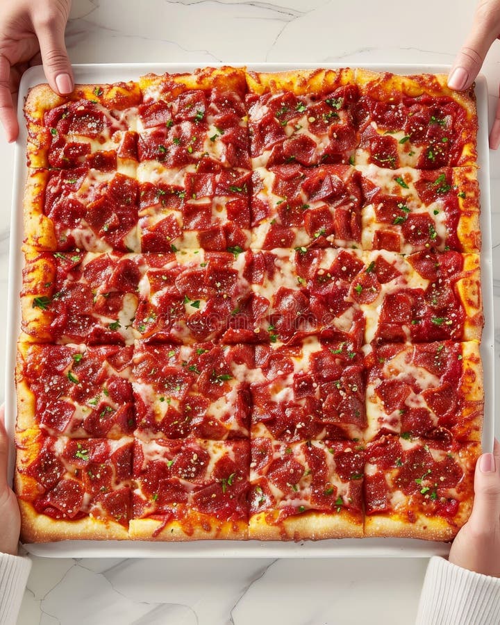 Hands Selecting Roman Style Pizza Slices from a Small Rectangular Pie ...