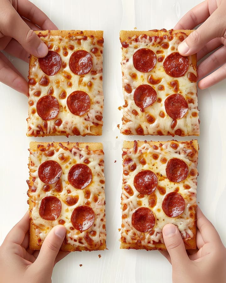 Hands Selecting Roman Style Pizza Slices from a Small Rectangular Pie ...