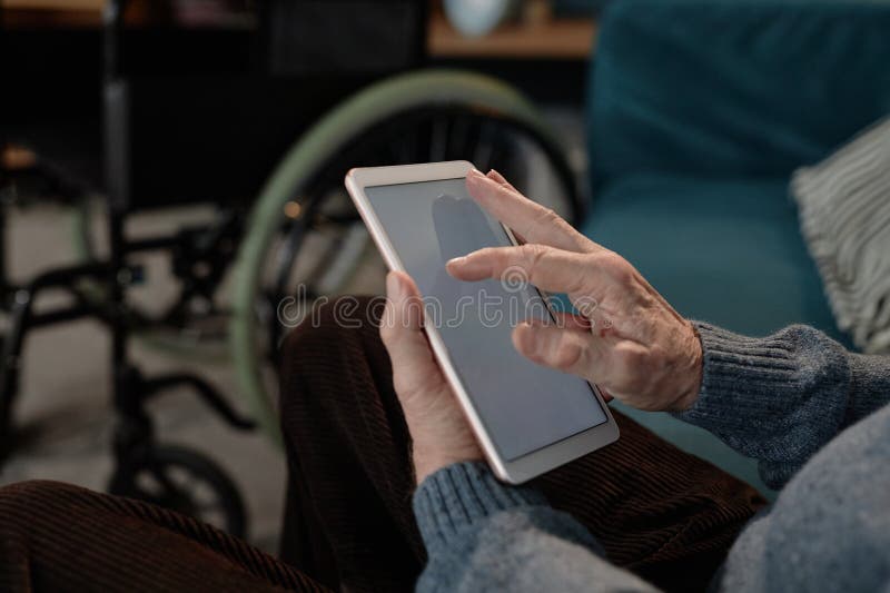 Hands Senior Man Touching Mockup Screen Tablet Computer Home Stock ...