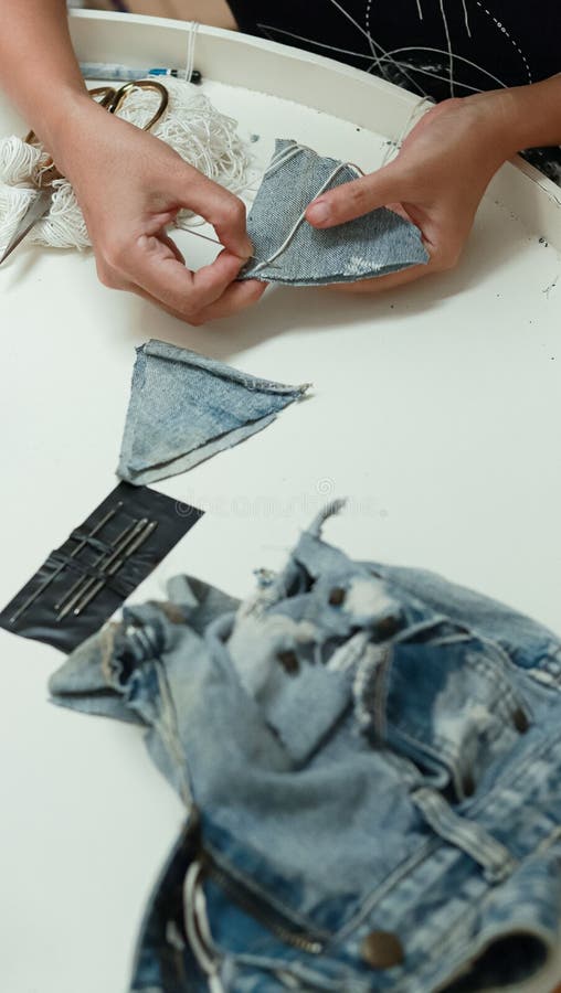 Hands Sewing Denim Fabric for DIY Project. Stock Photo - Image of ...
