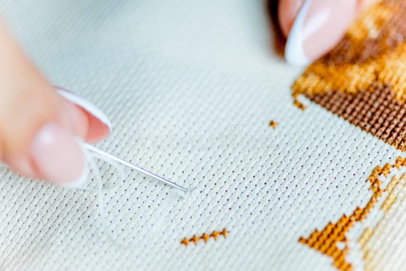 Hands are Sewing with Thread and Needle Stock Image - Image of closeup ...