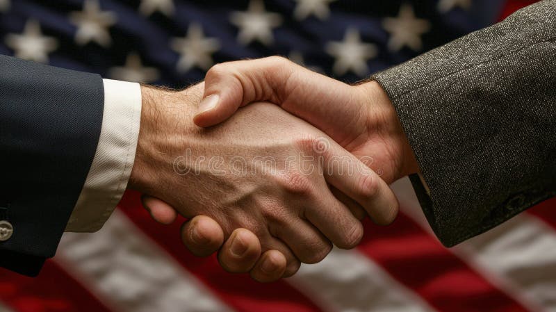 Hands Shaking Against USA Flag Background Symbolizing Unity and Peace ...