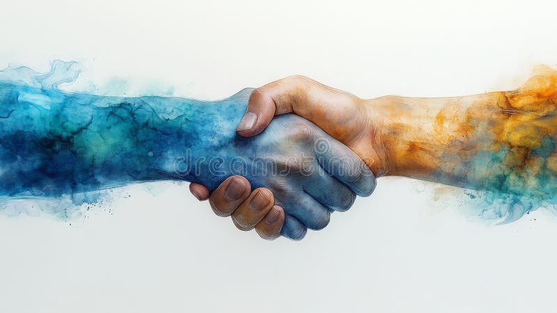Hands Shaking with Colorful Paint Splashes Representing Unity and ...