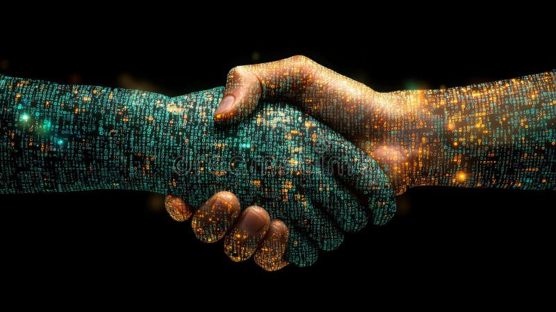 Hands Shaking with Digital Data and Lights, Symbolizing Partnership and ...