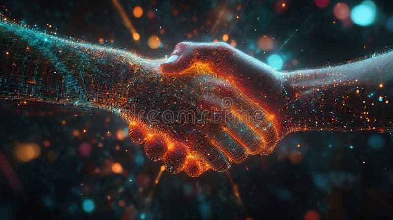 Hands Shaking in a Digital Environment Symbolizing Partnership and ...