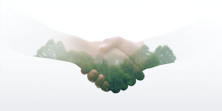 Hands Shaking with a Double Exposure Effect Featuring Lush Green Trees ...
