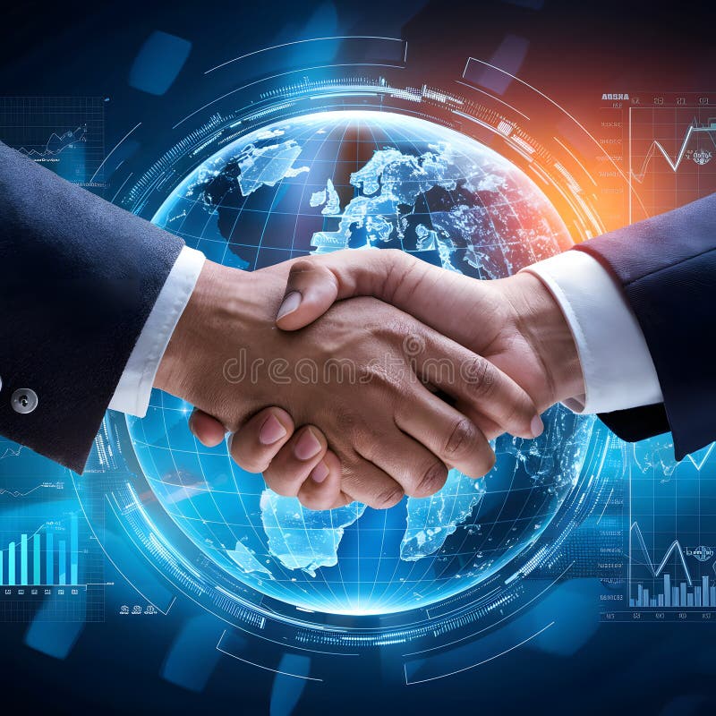 Hands Shaking with Globe and Graphs, Global Business Interactions Stock ...