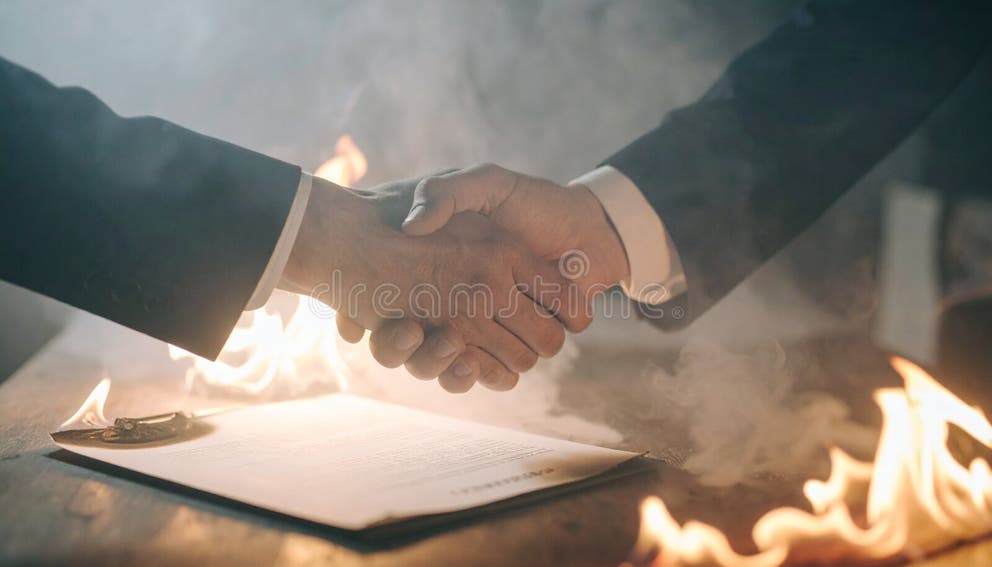 Hands Shaking Over a Contract with a Small Fire. Generated Image Stock ...