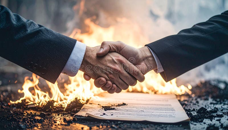 Hands Shaking Over a Contract with a Small Fire. Generated Image Stock ...