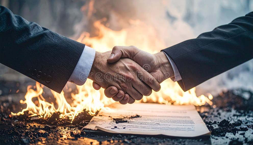 Hands Shaking Over a Contract with a Small Fire. Generated Image Stock ...