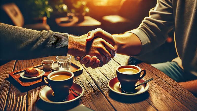 Hands Shaking Over a Table with Coffee Cups and Saucers Stock ...