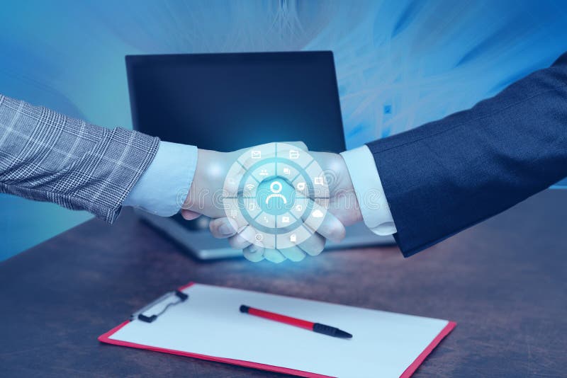Hands Shaking Signing Contract Unlocking New Futuristic Technologies ...
