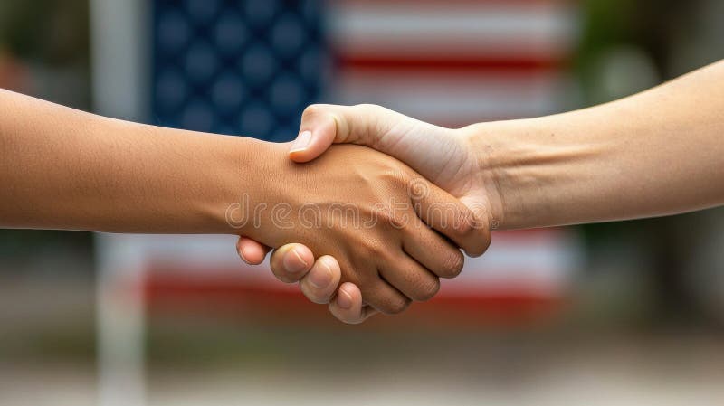Hands Shaking Symbolizing Unity and Diversity with USA Flag Background ...