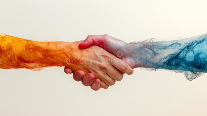 Hands Shaking with Vibrant Orange and Blue Smoke Effects, Symbolizing ...
