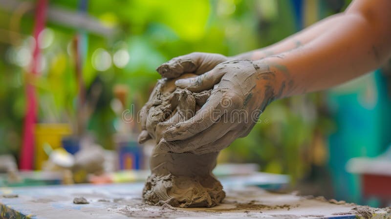 Hands Shaping Clay on a Messy Workbench in an Art Studio Stock Image ...