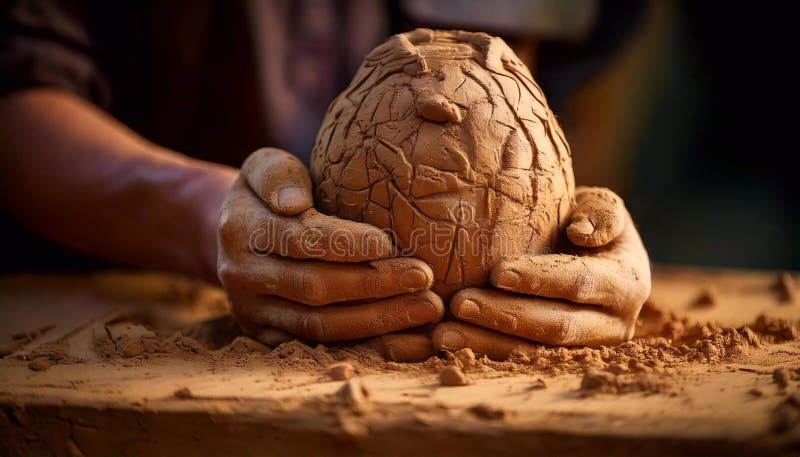 Hands Shaping a Clay Orb with Intricate Details in a Creative Workspace ...