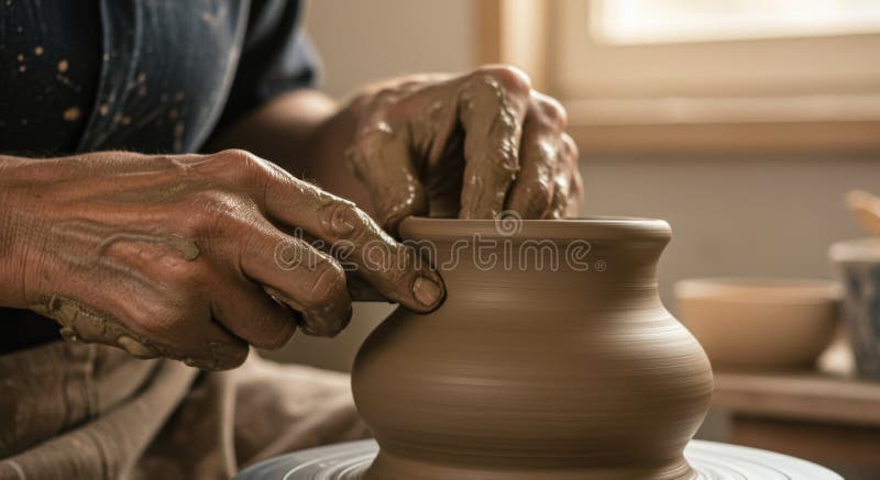 Hands Shaping Clay on a Pottery Wheel Stock Illustration - Illustration ...