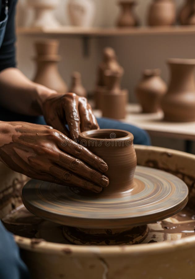 Hands Shaping Clay on Pottery Wheel in Workshop Stock Illustration ...