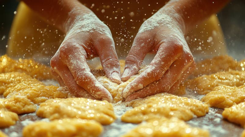 Hands Shaping Golden Dough with Flour Dust in Baking Process Stock ...