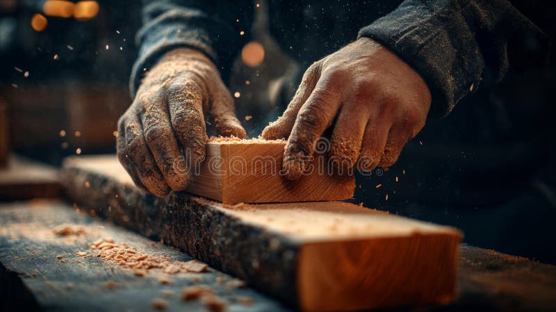 Hands Shaping Wood Dust Flying Carpenter Stock Illustration ...