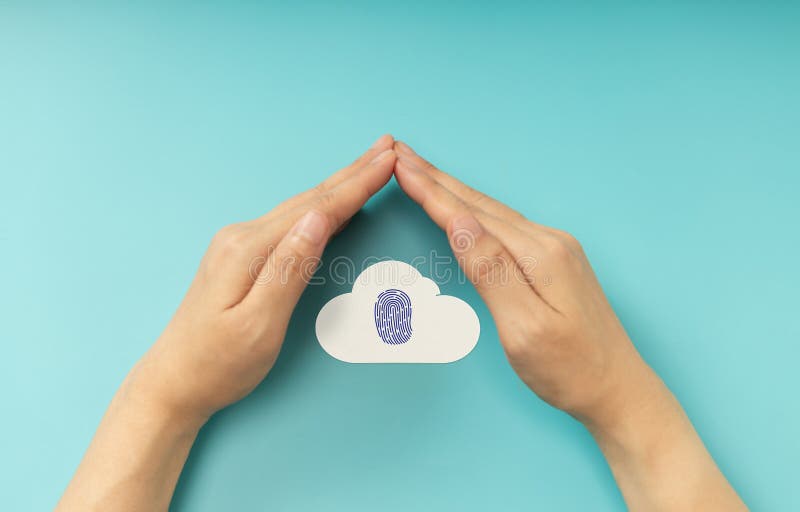 Hands Shielding Fingerprint on Cloud Symbol, Representing Cybersecurity ...