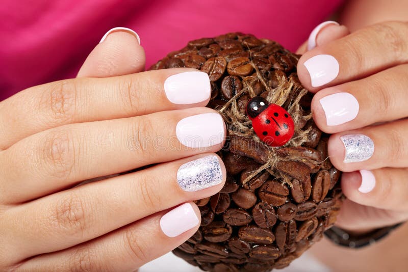 Short Manicured Nails. Hands with French Manicure Close Up Stock Photo ...