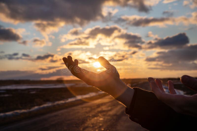 Hands Show the Spring Sun Sunset Stock Photo - Image of holding, body ...