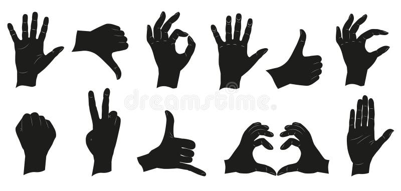 Hands Show Various Popular Signs. Hands Filled with Black Paint Stock ...