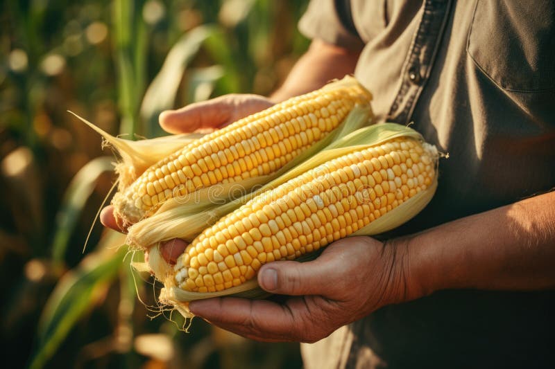 Hands Showcasing a Close-up View of Fresh Corn Against a Rural Field ...