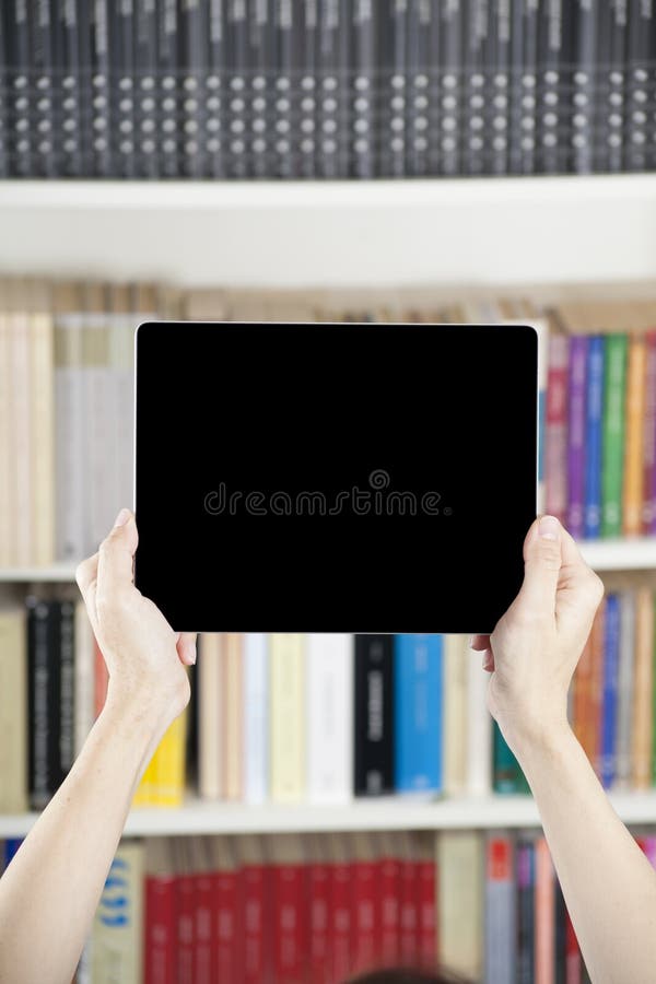 Hands Showing Blank Screen Tablet Over Library Stock Image - Image of ...
