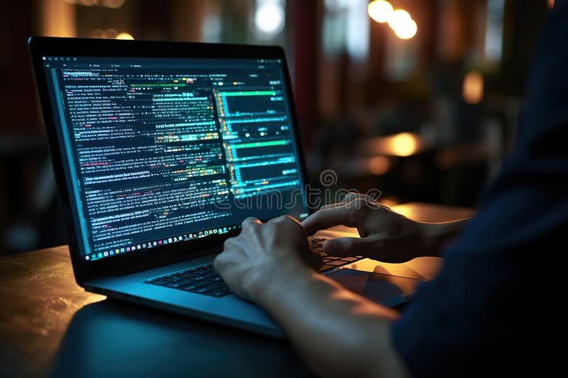 Hands Showing Coding Programmer A Software Engineer Working On A Laptop With Javascript Stock