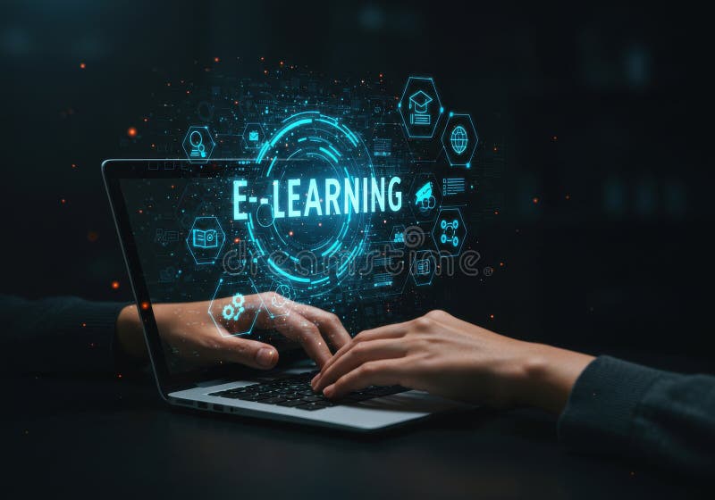 Hands Typing on Laptop with E Learning Display Art Stock Illustration ...