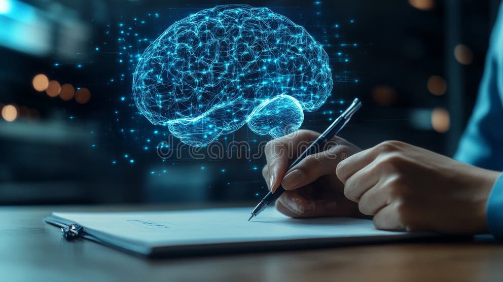Hands are Shown Writing in a Notebook Alongside a Glowing Brain ...