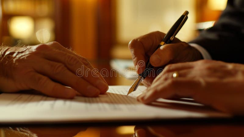 Hands Signing a Formal Document with a Pen in a Business Setting Stock ...