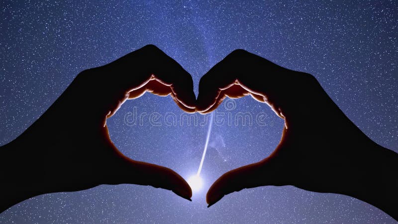 Silhouette Hands Form Heart Framing Starry Night Sky Meteor Wish Love ...