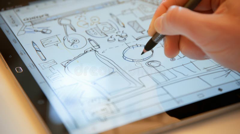 Hands Sketching an Advertisement Concept on a Tablet Using a Stylus ...