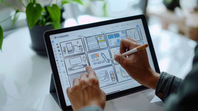 Hands Sketching an Advertisement Concept on a Tablet Using a Stylus ...