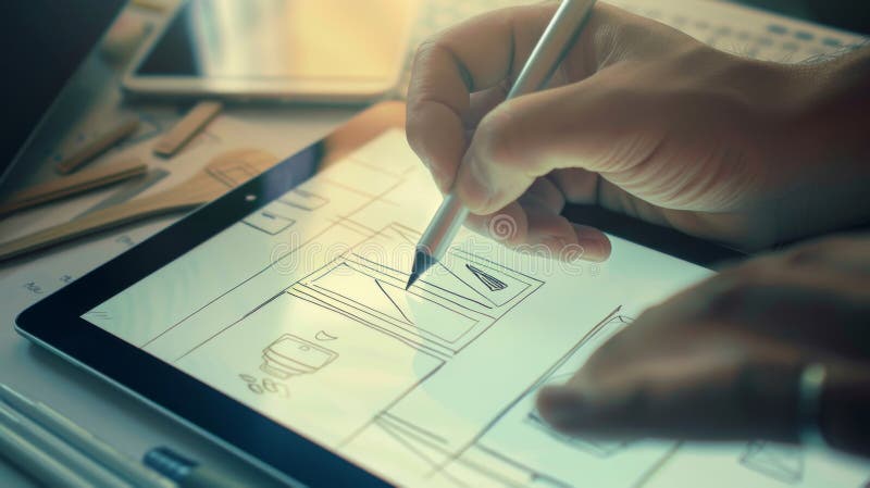 Hands Sketching an Advertisement Concept on a Tablet Using a Stylus ...