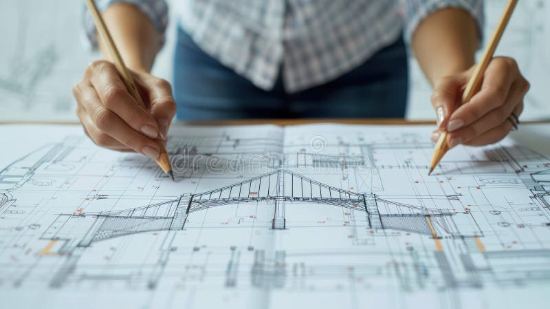 Hands Sketching a Bridge Design on a Large Stock Illustration ...