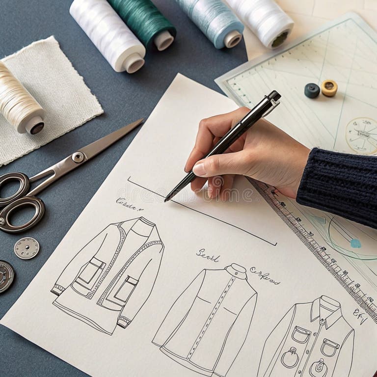 Hands Sketching Clothing Designs on Paper with Sewing Tools Stock Image ...