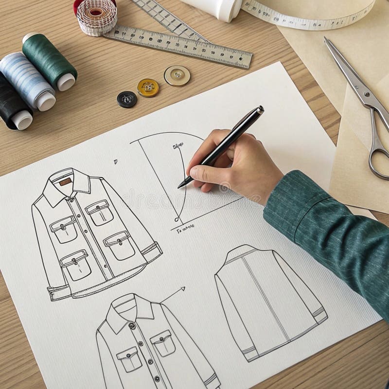 Hands Sketching Jacket Design on Paper, Sewing Tools Around Stock Image ...